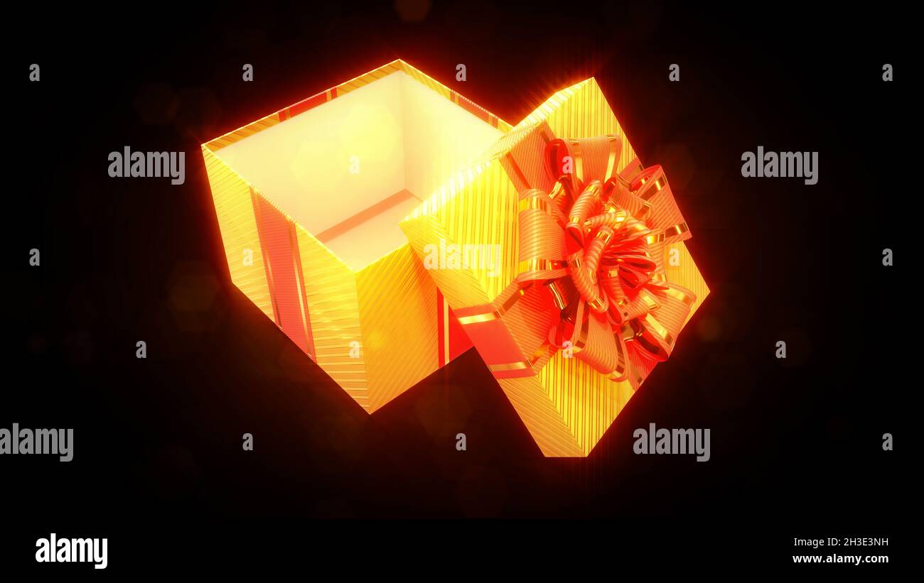 glowing opened gold and red present on dark background - object 3D ...
