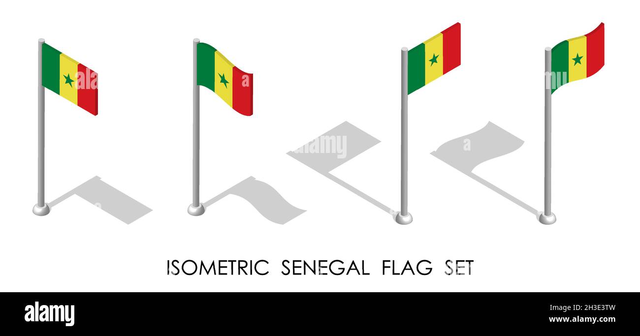 isometric flag of Republic of SENEGAL in static position and in motion on flagpole. 3d vector ...