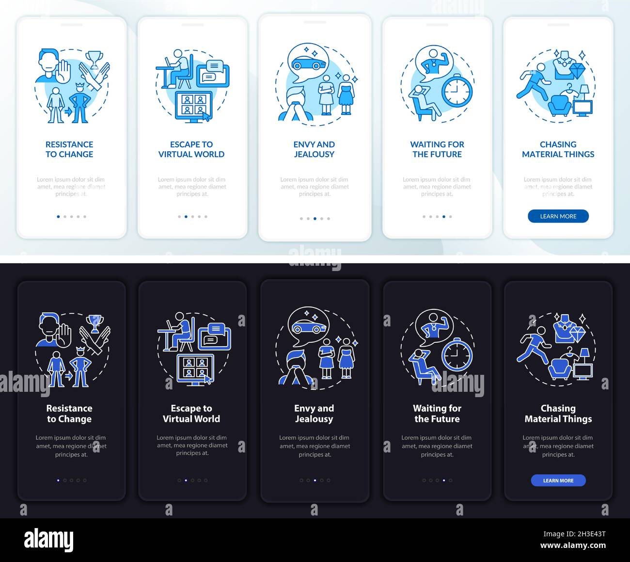 Happiness Obstacles Light And Dark Onboarding Mobile App Page Screen Stock Vector Image And Art