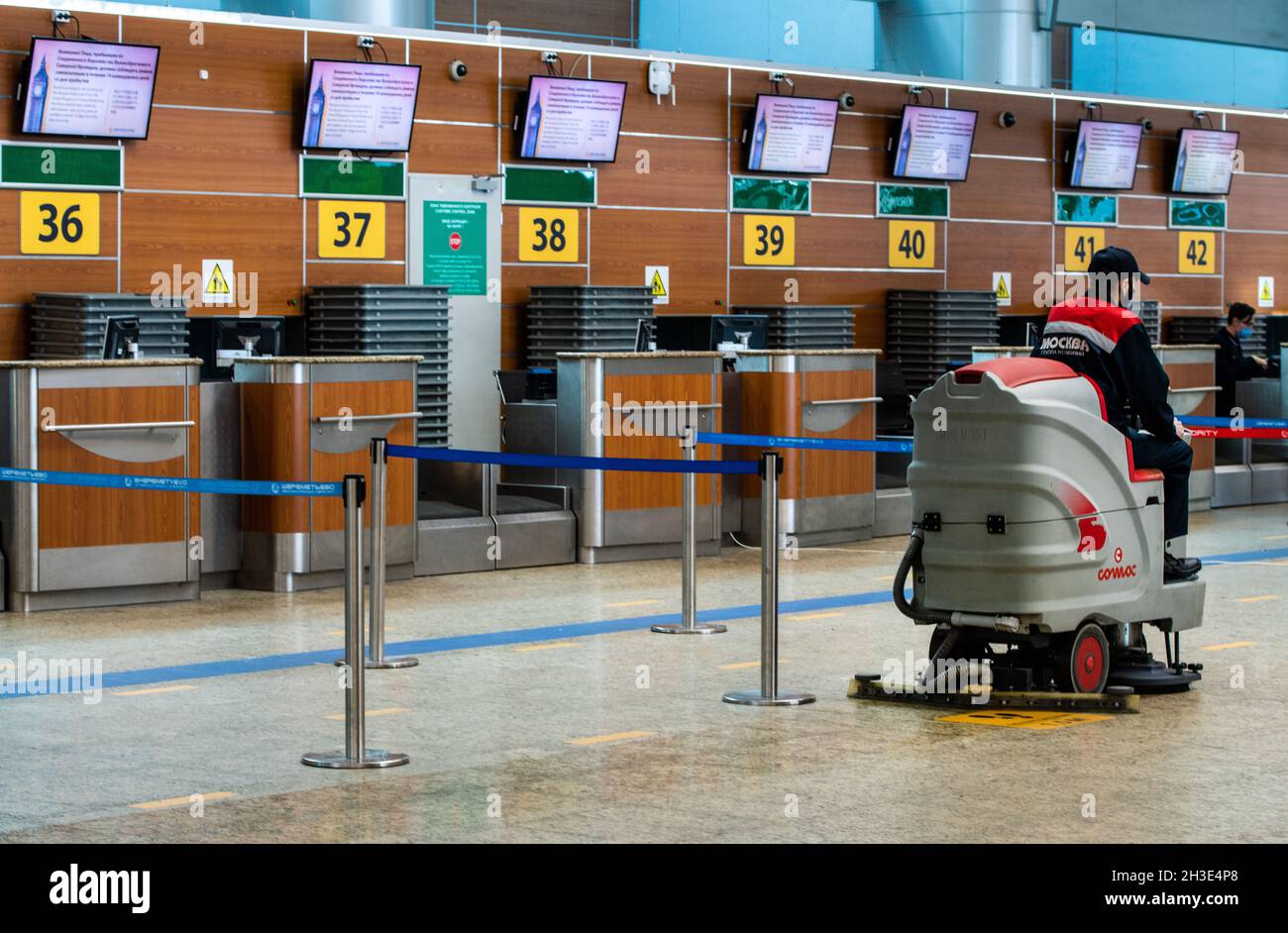 May 11, 2021, Moscow, Russia. A wedge service employee on a scrubber ...