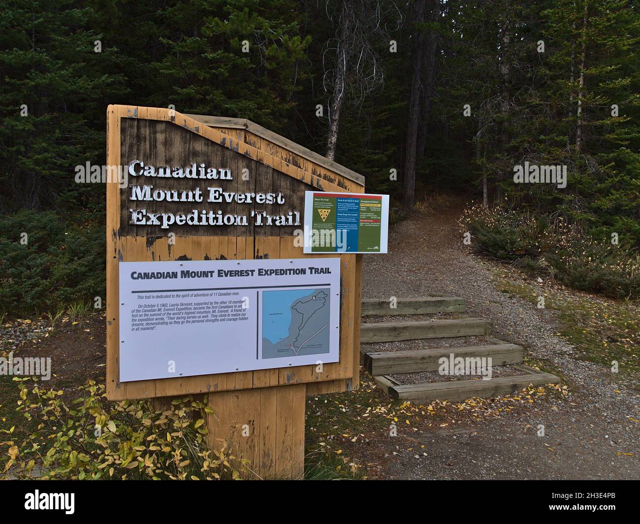 Information board in forest at Canadian Mount Everest Expedition Trail ...