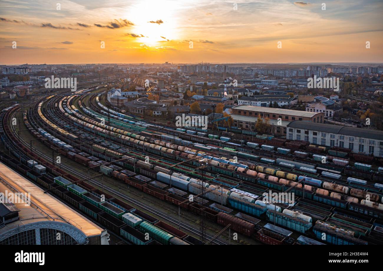 aerial view on cargo trains from drone Stock Photo - Alamy