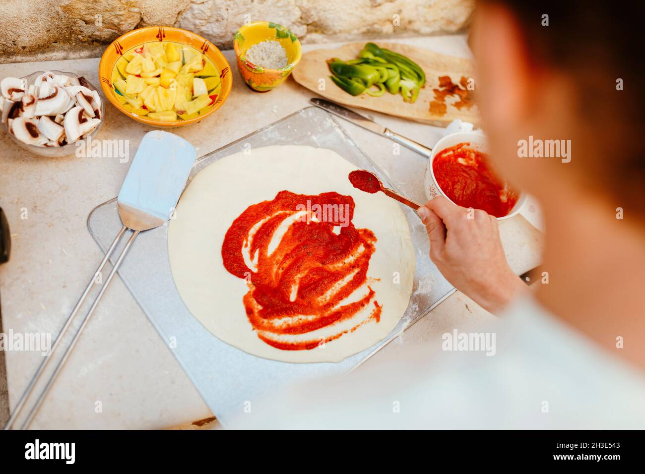 Homemade pizza baking with outdoor traditional pizza over Stock Photo ...