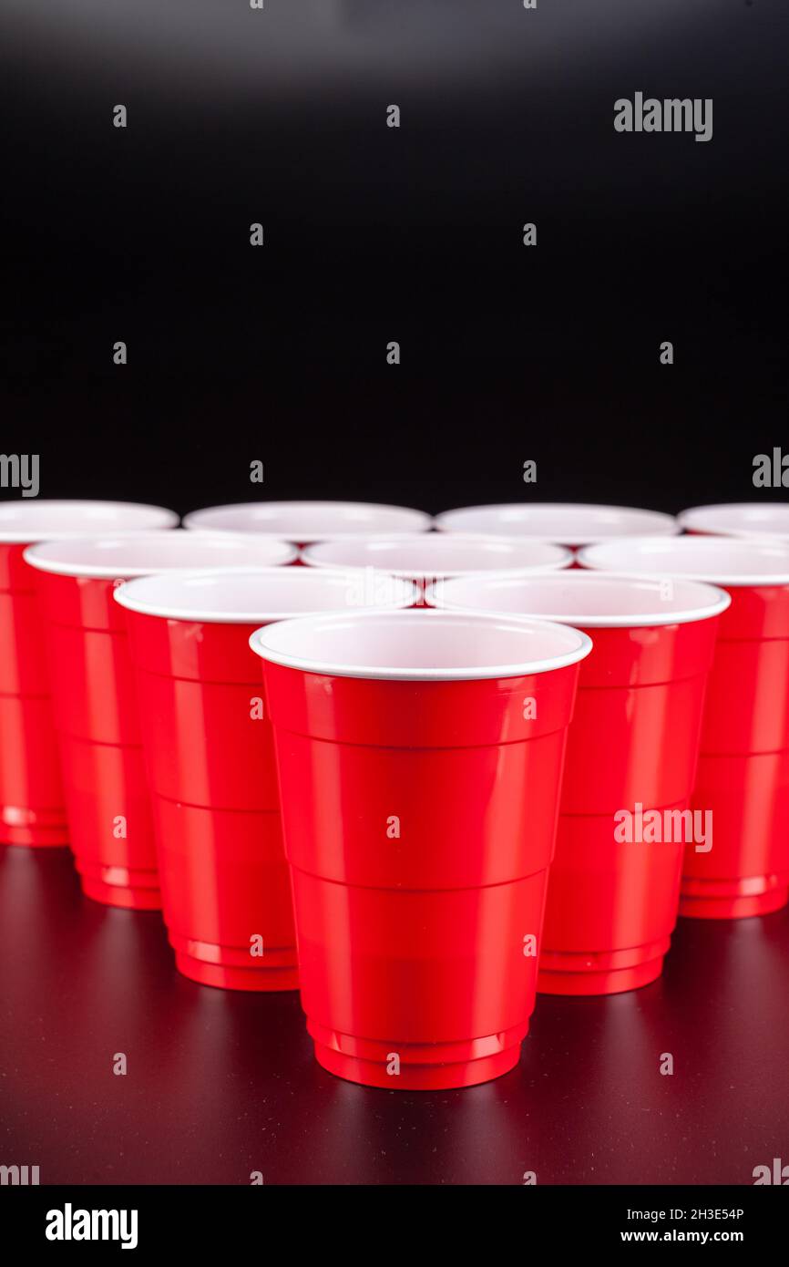 The arrangement of red plastic cups for game of beer pong Stock Photo ...