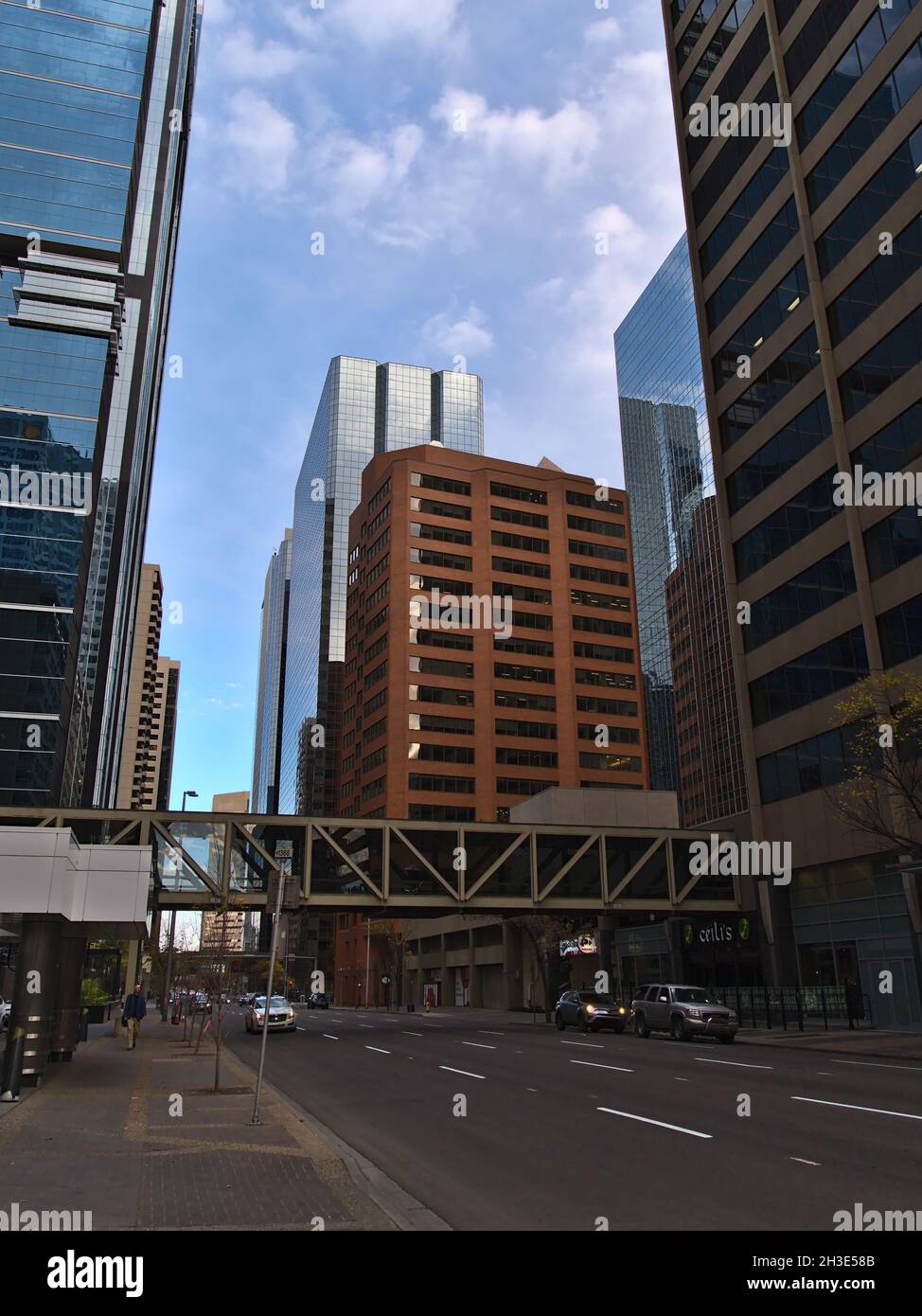 View of city street 4 Ave SW in eastern direction in Calgary downtown ...