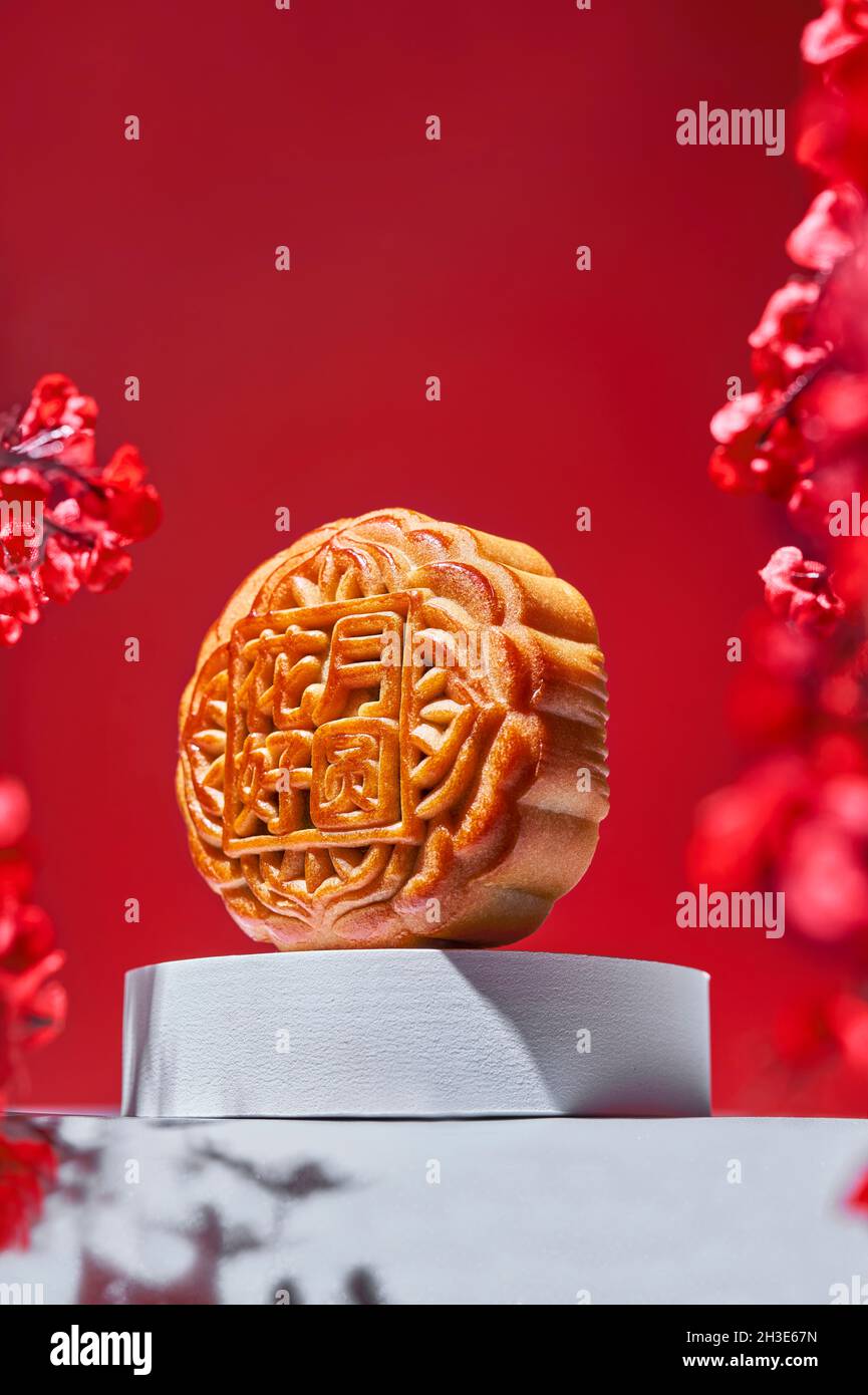 Round Chinese traditional sweet baked mooncake served on stand on table ...