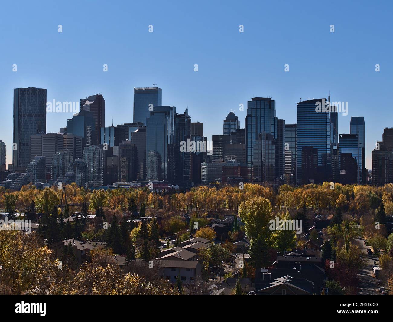 Cityscape of Calgary downtown with skyline of skyscrapers on sunny day ...