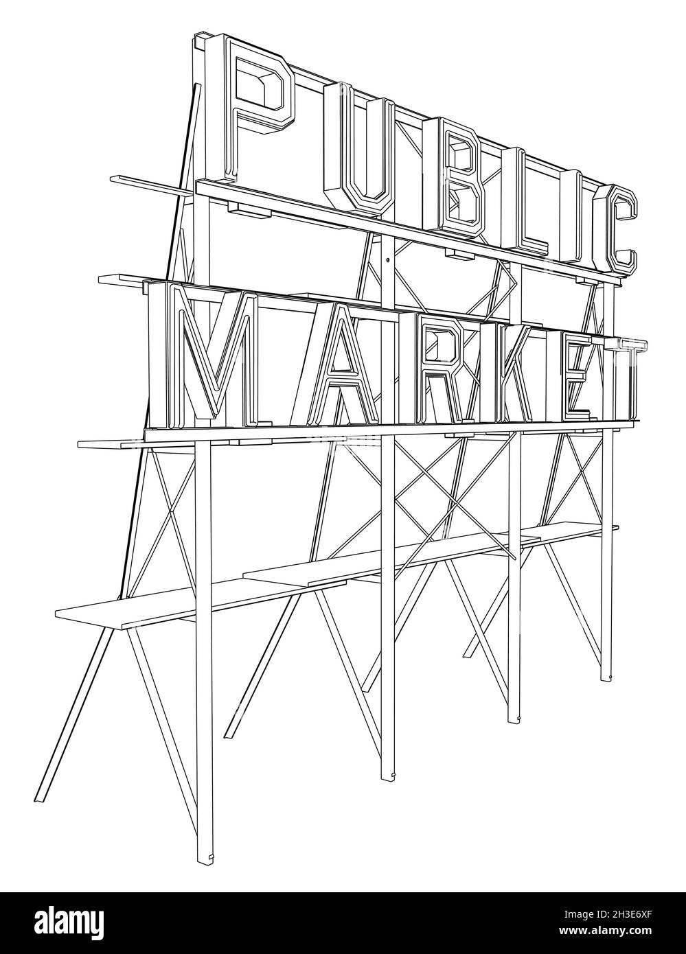 Contour of an advertising rack with the words public market from black ...