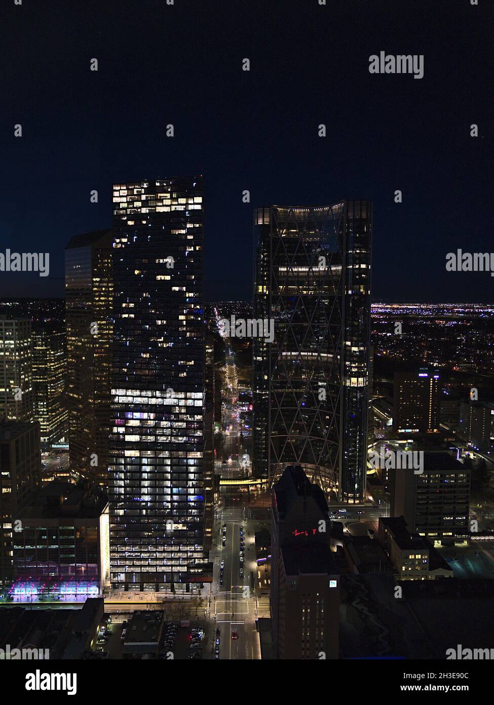Stunning high angle view of Calgary downtown at night with illuminated ...