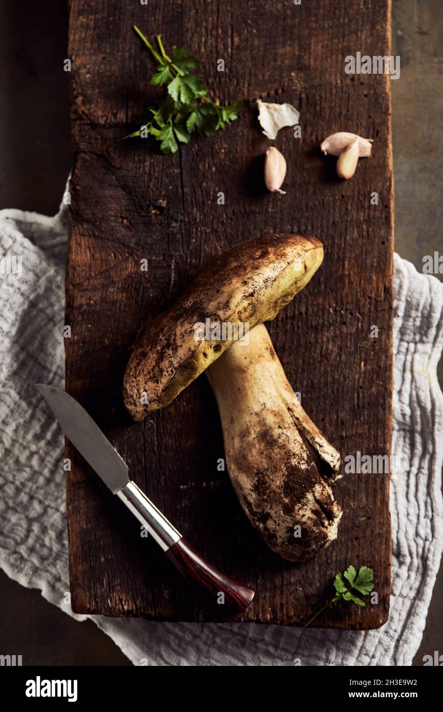 Top view of raw cut Boletus edulis mushrooms on wooden chopping board ...