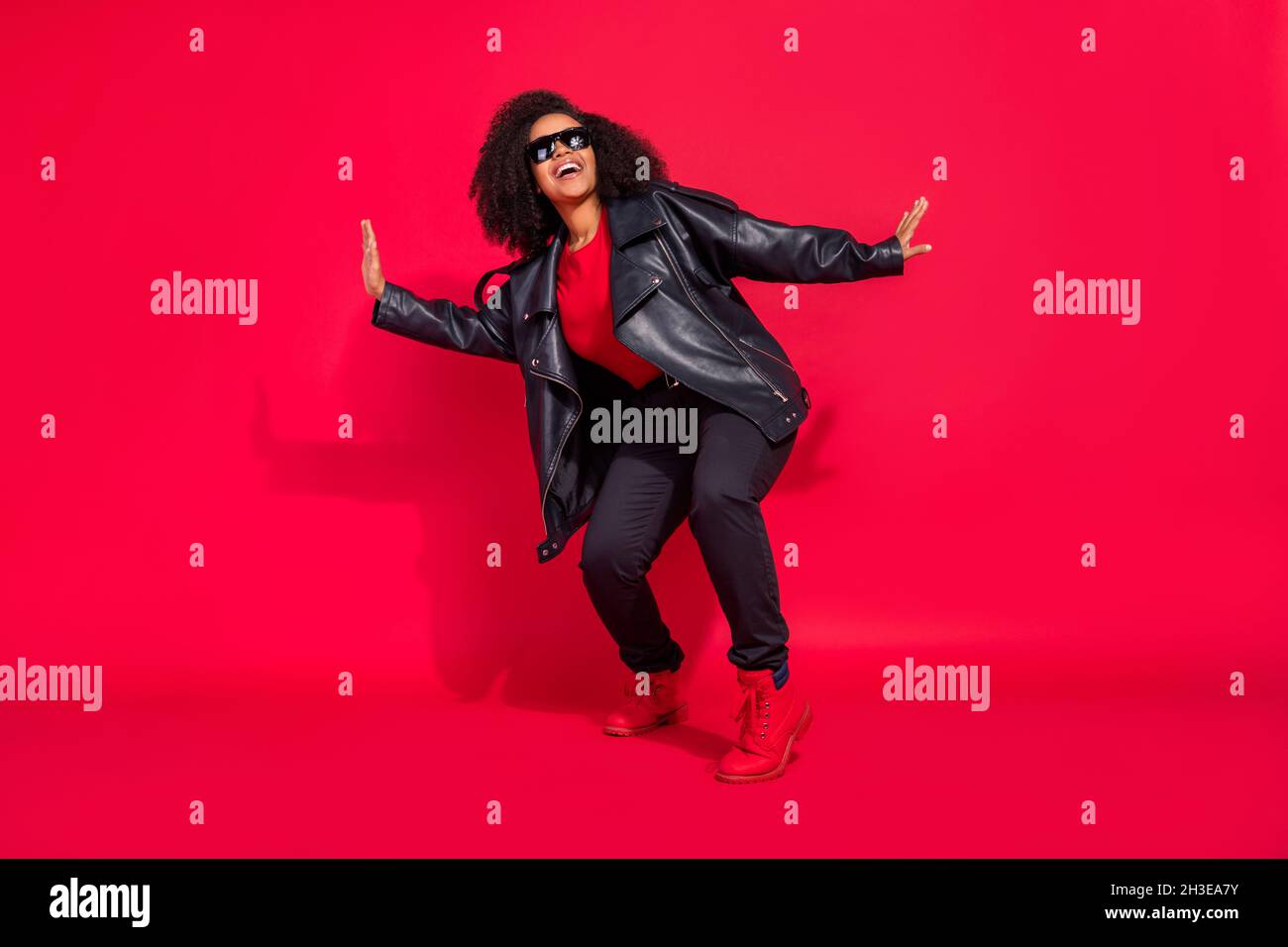 Full body portrait of excited crazy lady enjoy clubbing free time ...