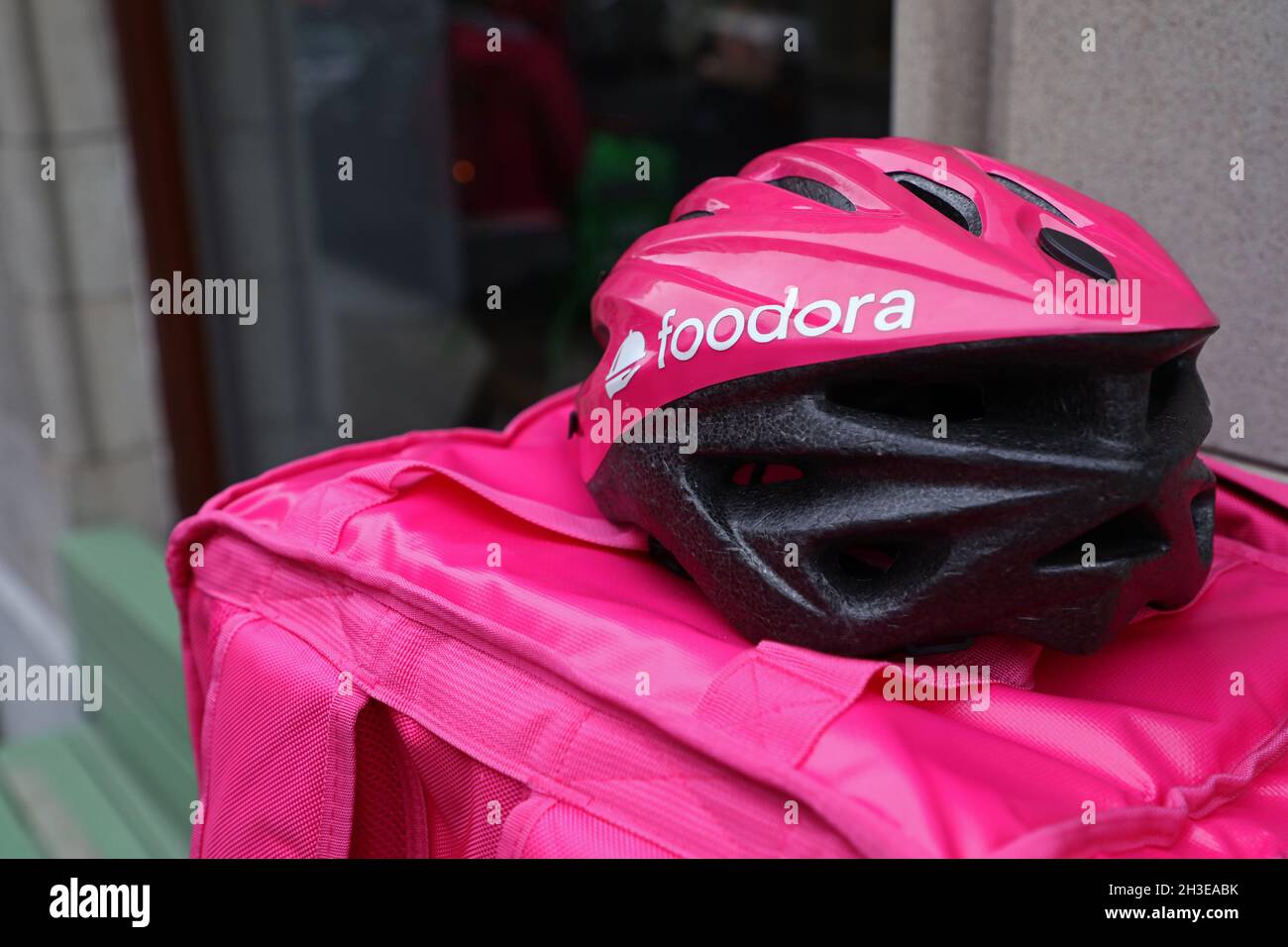 Foodora delivery in Stockholm, Sweden, during Sunday. Foodora is an ...