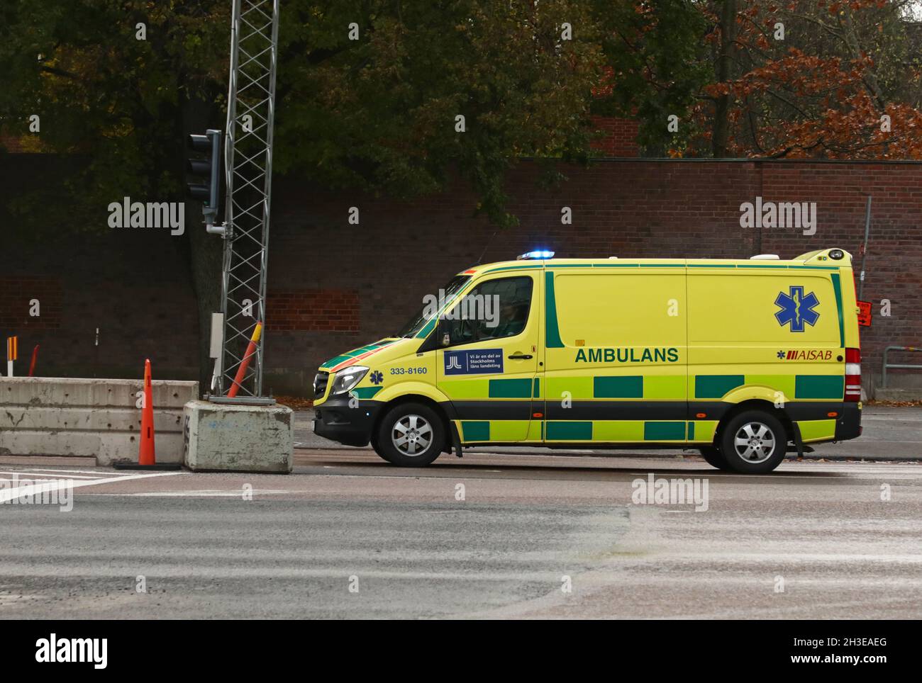 Ambulance outside The Karolinska University Hospital, in Stockholm ...