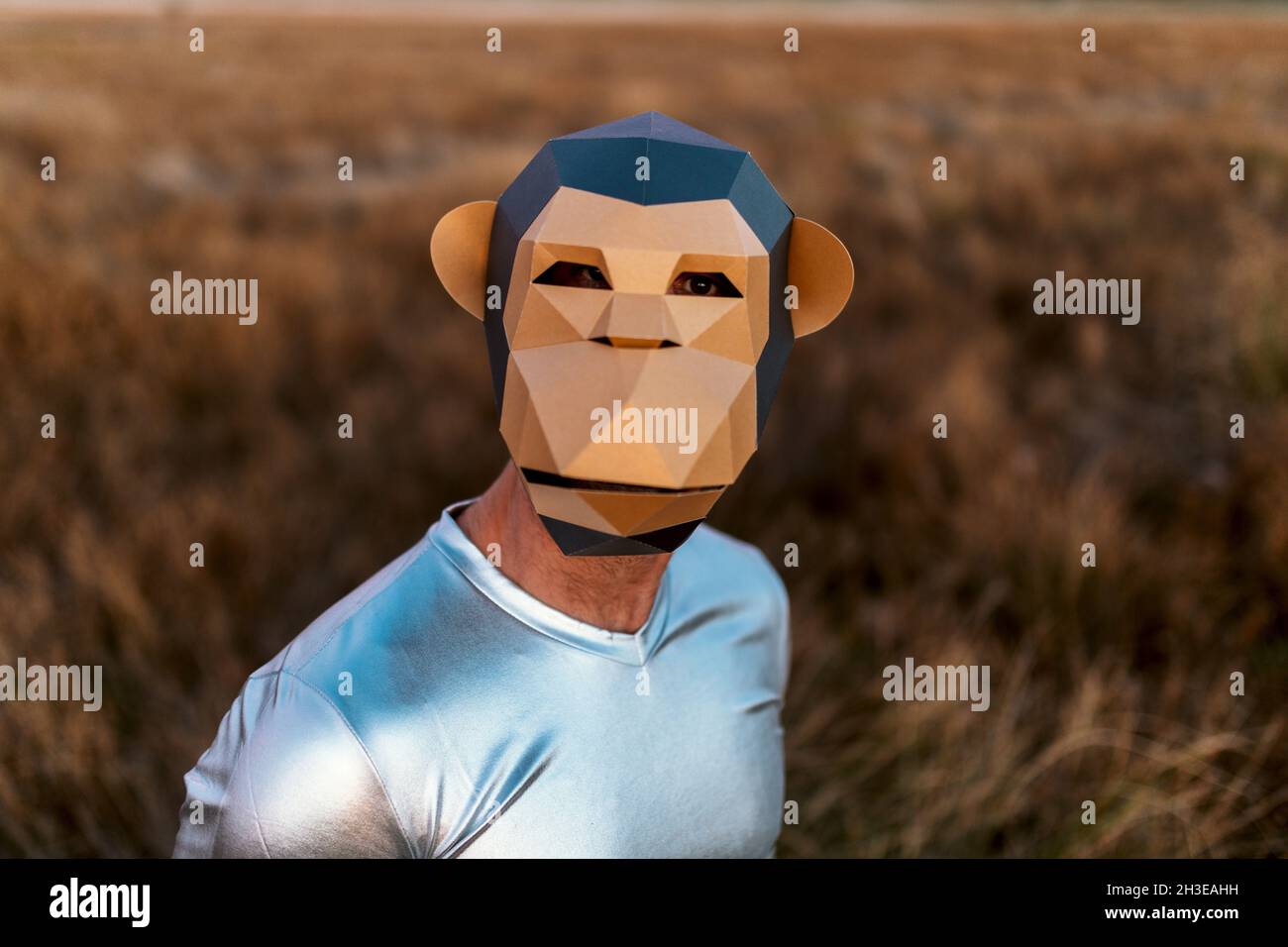 Anonymous person in geometric monkey mask looking at camera in yellow ...