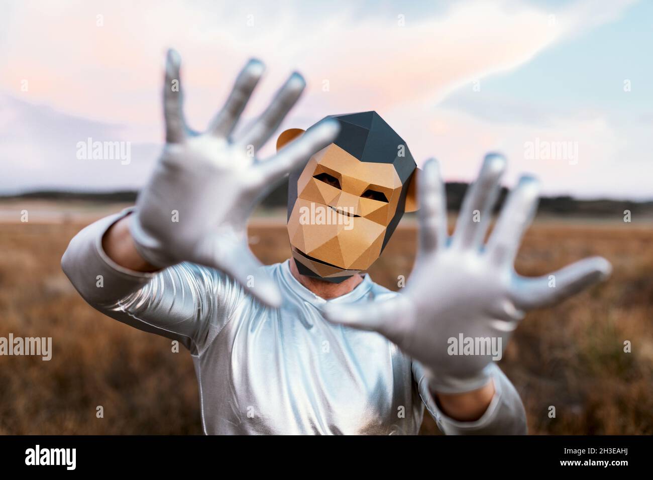 Anonymous person wearing geometric monkey mask while demonstrating ...