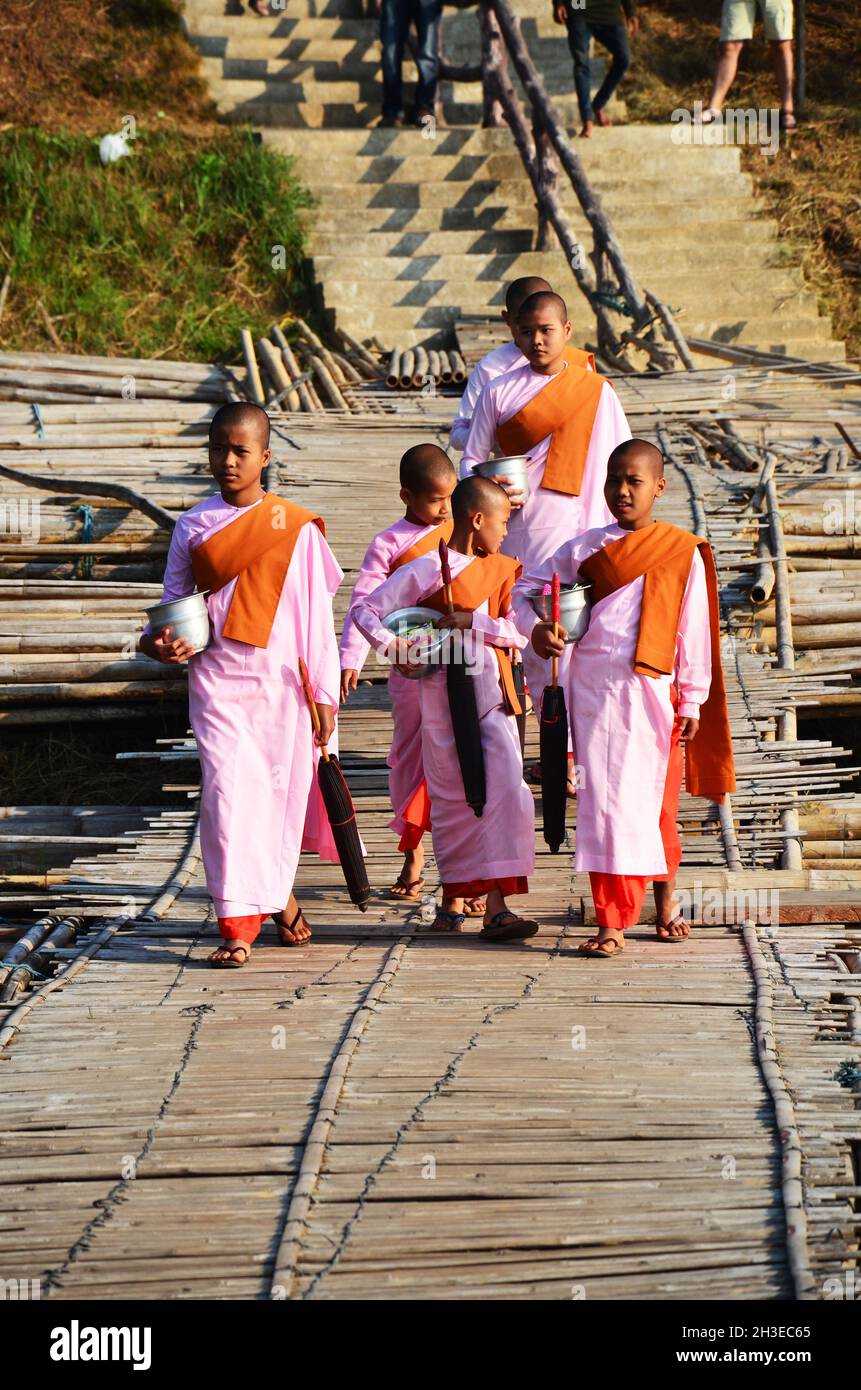 Tradition Of Almsgiving Burmese Nuns Women Group Procession Walk On