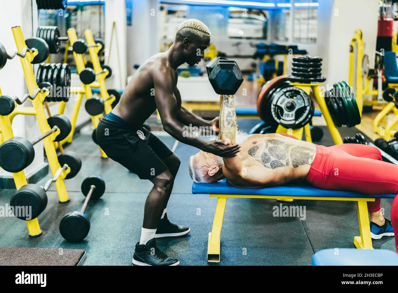 Young trainer and senior man doing workout sessions inside gym club ...