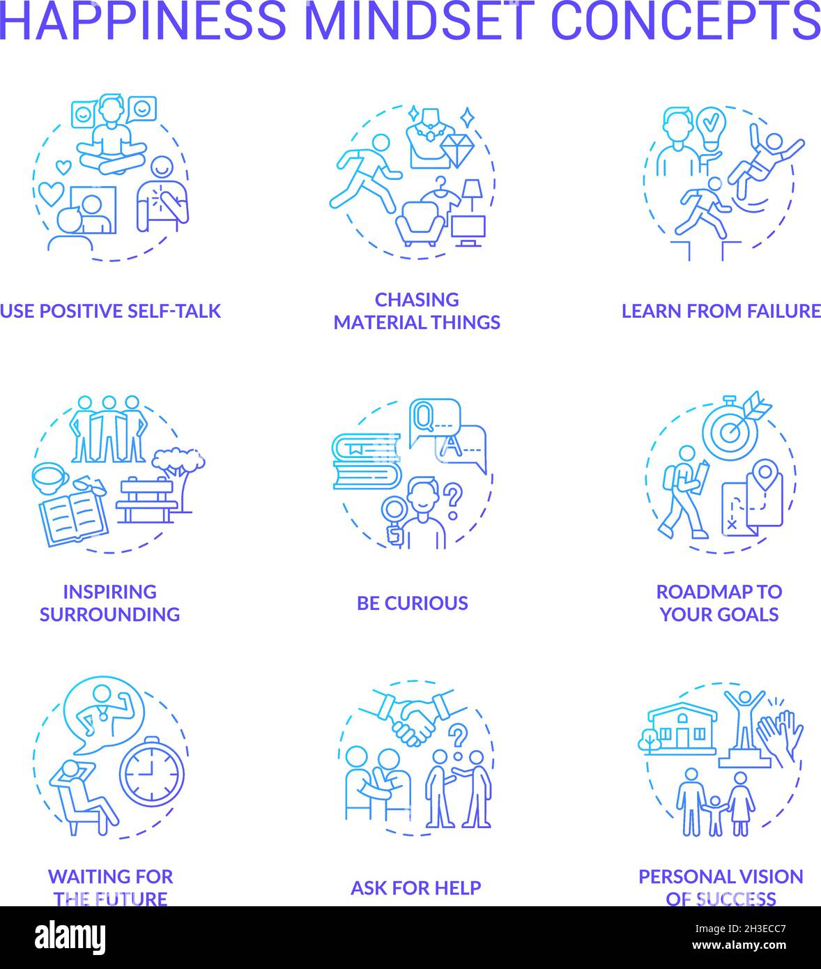 Happiness mindset blue gradient concept icons set Stock Vector Image ...