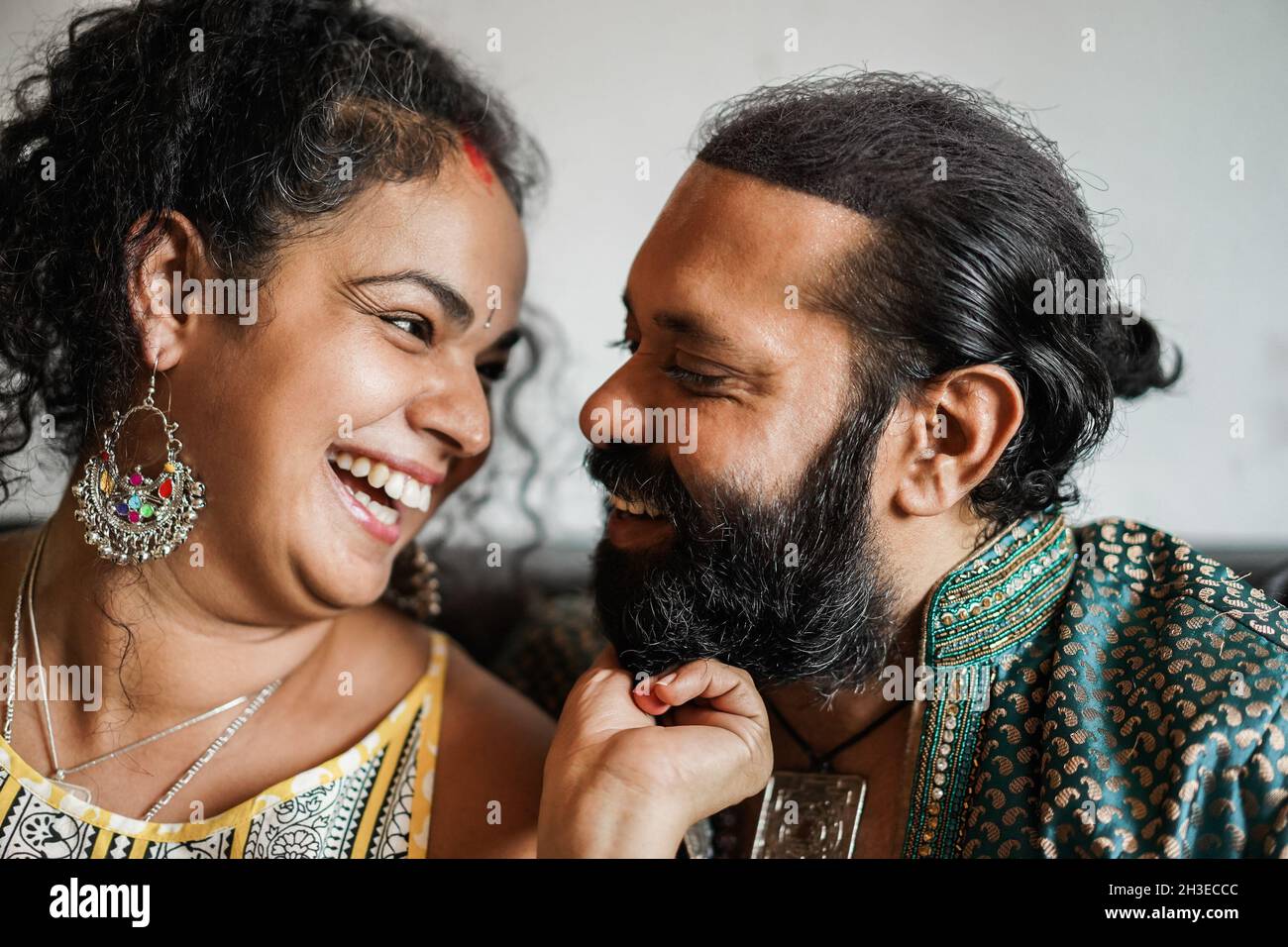 Indian Couple Having Tender Moments Together Indoors At Home Focus On