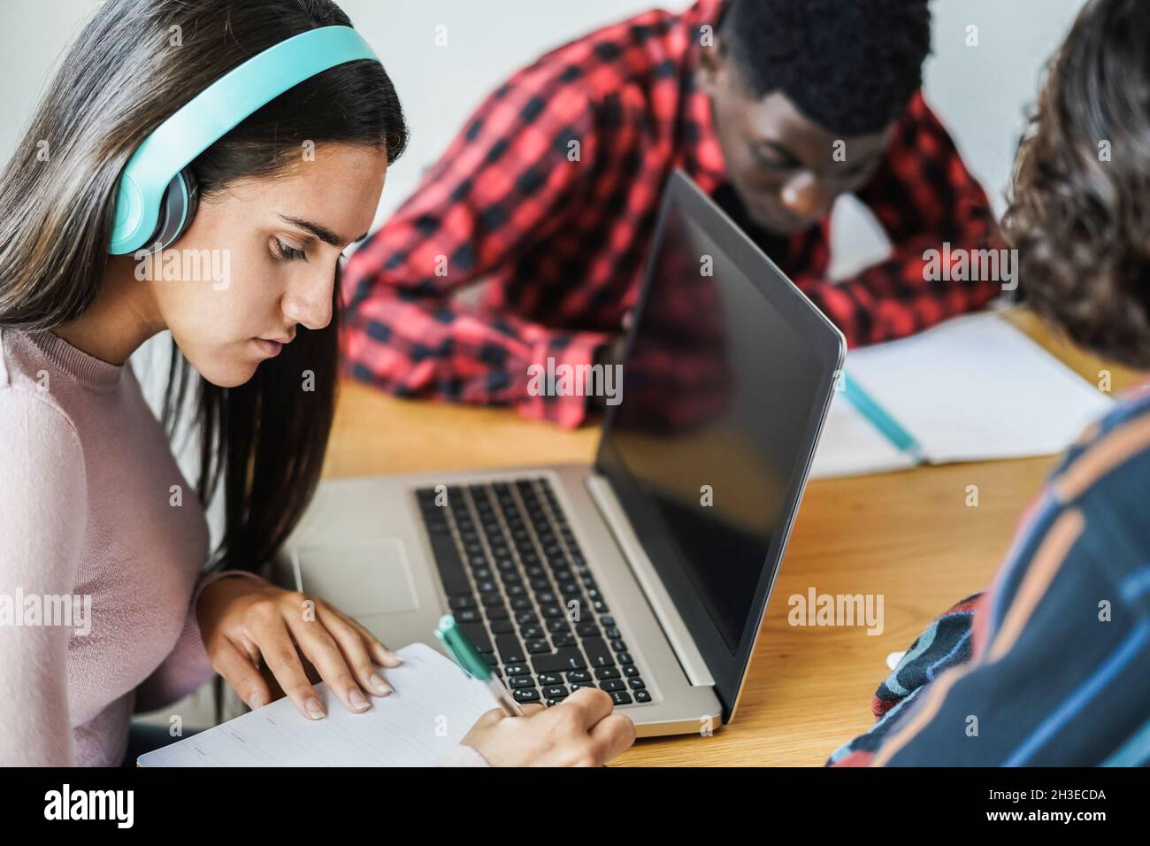 Multiracial students using computer laptop while studying together ...