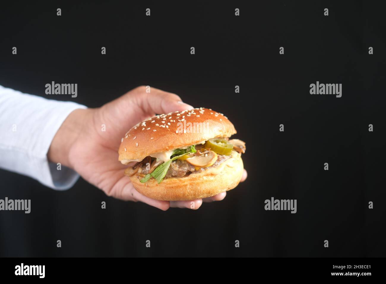 Hand holding hamburger meat lettuce hi-res stock photography and images ...
