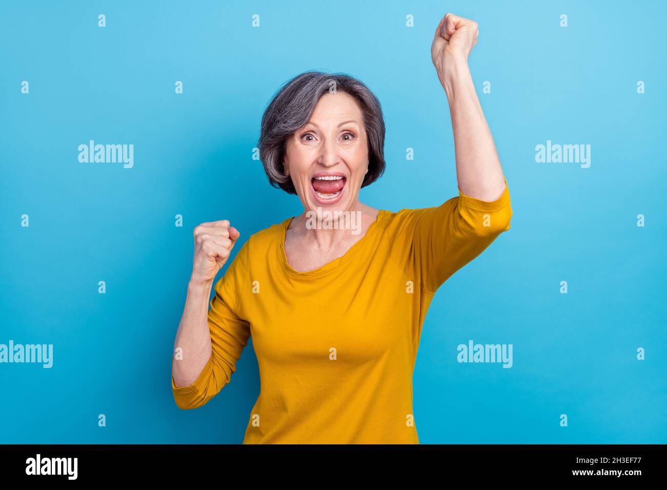 Portrait of attractive overjoyed cheerful woman rejoicing having fun ...