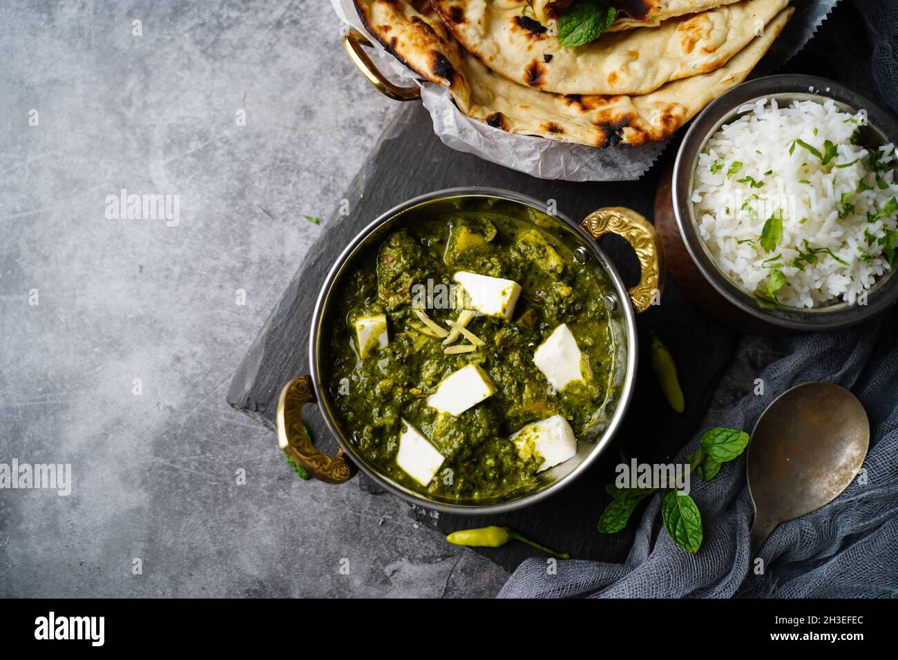 Homemade Palak Paneer roti or Naan and rice -North Indian vegetarian ...