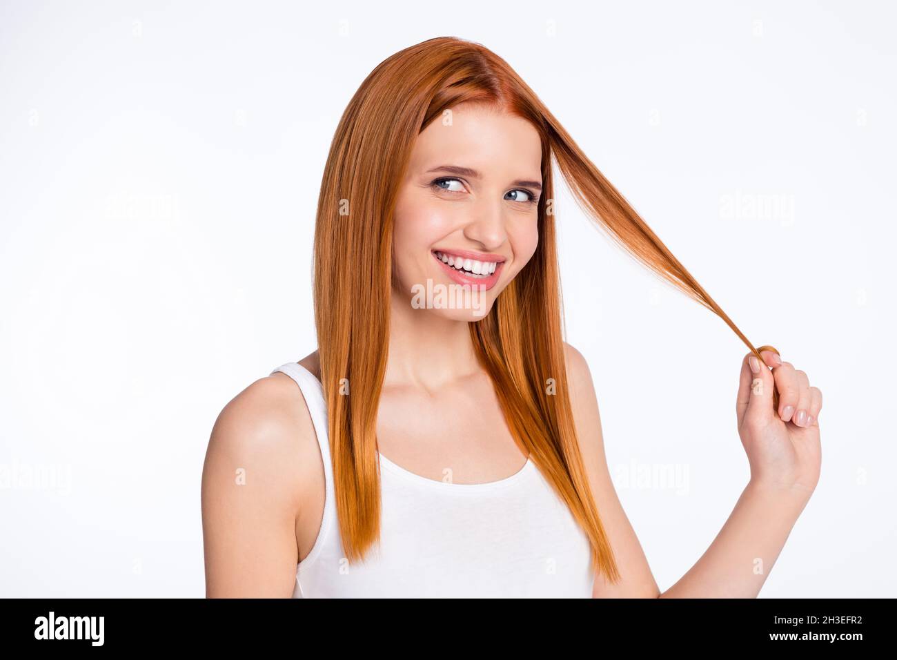 Photo of young attractive girl happy positive smile curious look empty ...