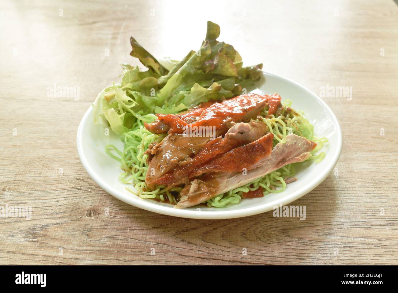 Chinese jade noodles topping slice roasted duck dressing sweet soy ...