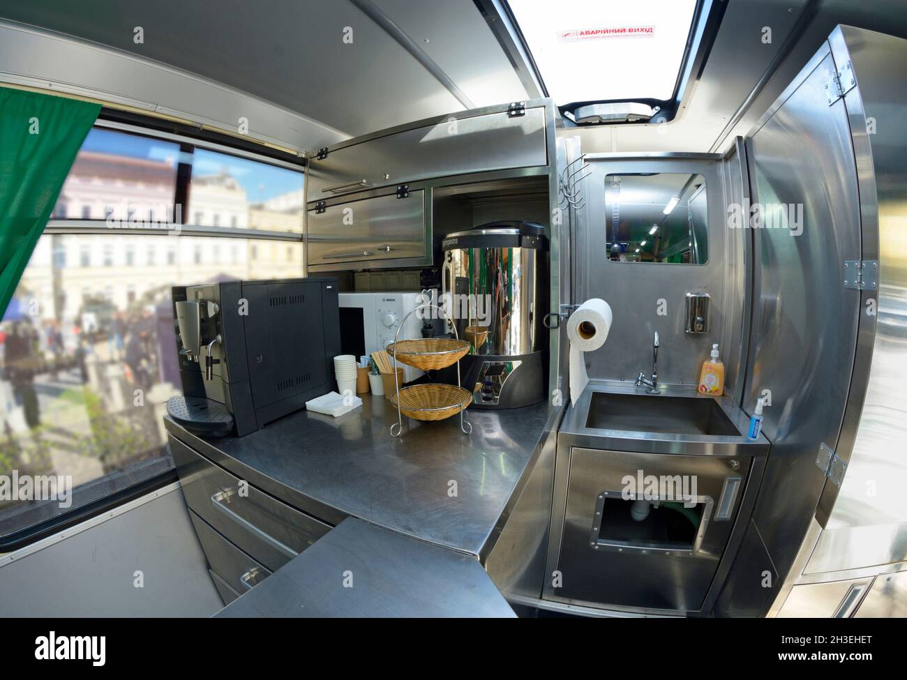 Interior of a military mobile canteen bus for soldiers, cook workplace ...