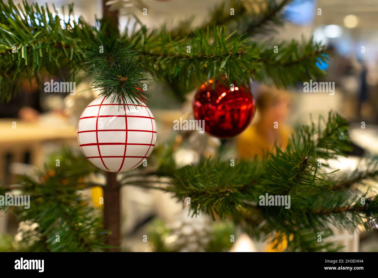 Christmas tree with red ball, horizontal photography for festive design ...