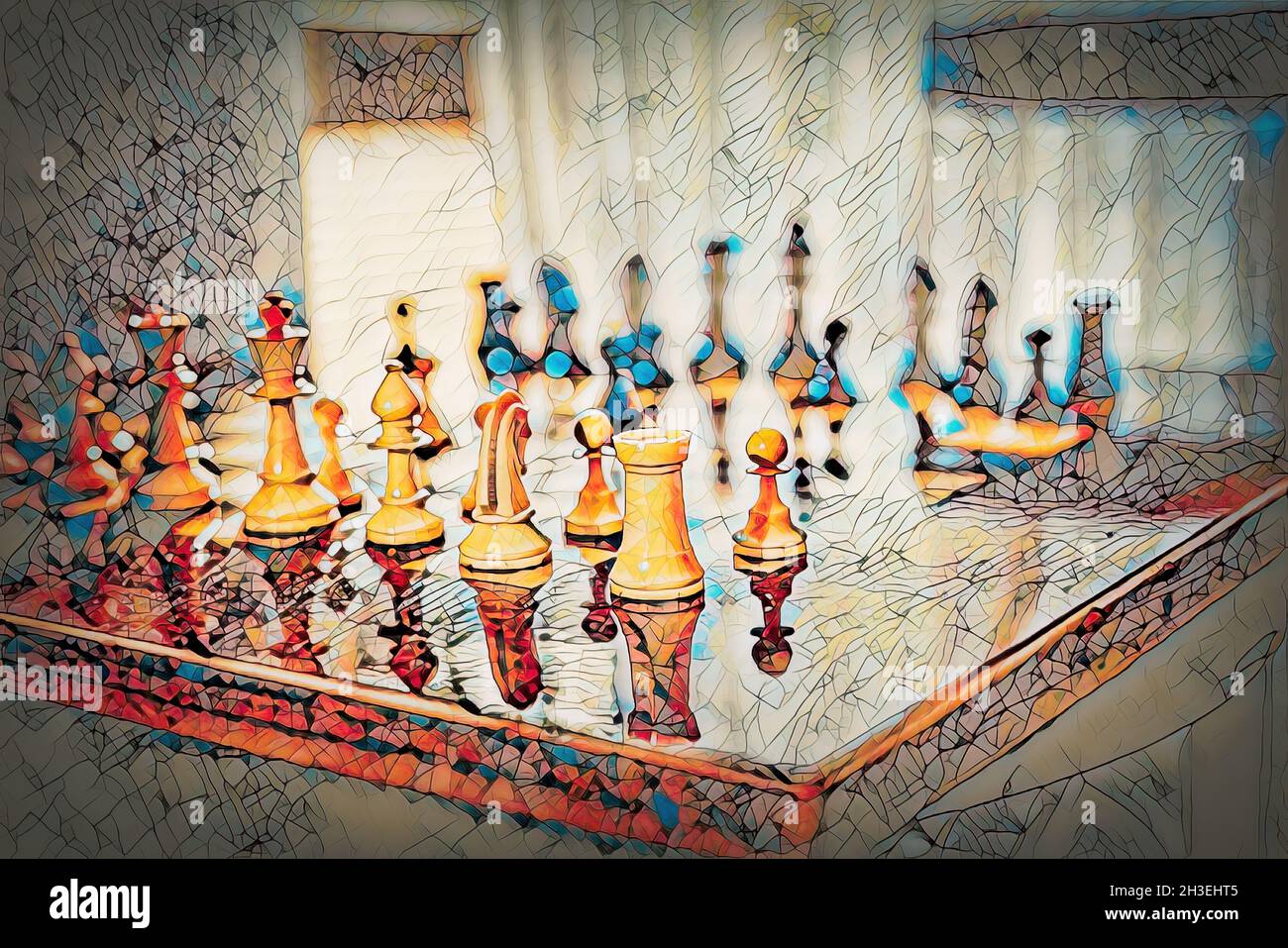 colorful chess figureson a blurred background and mosaic structure ...