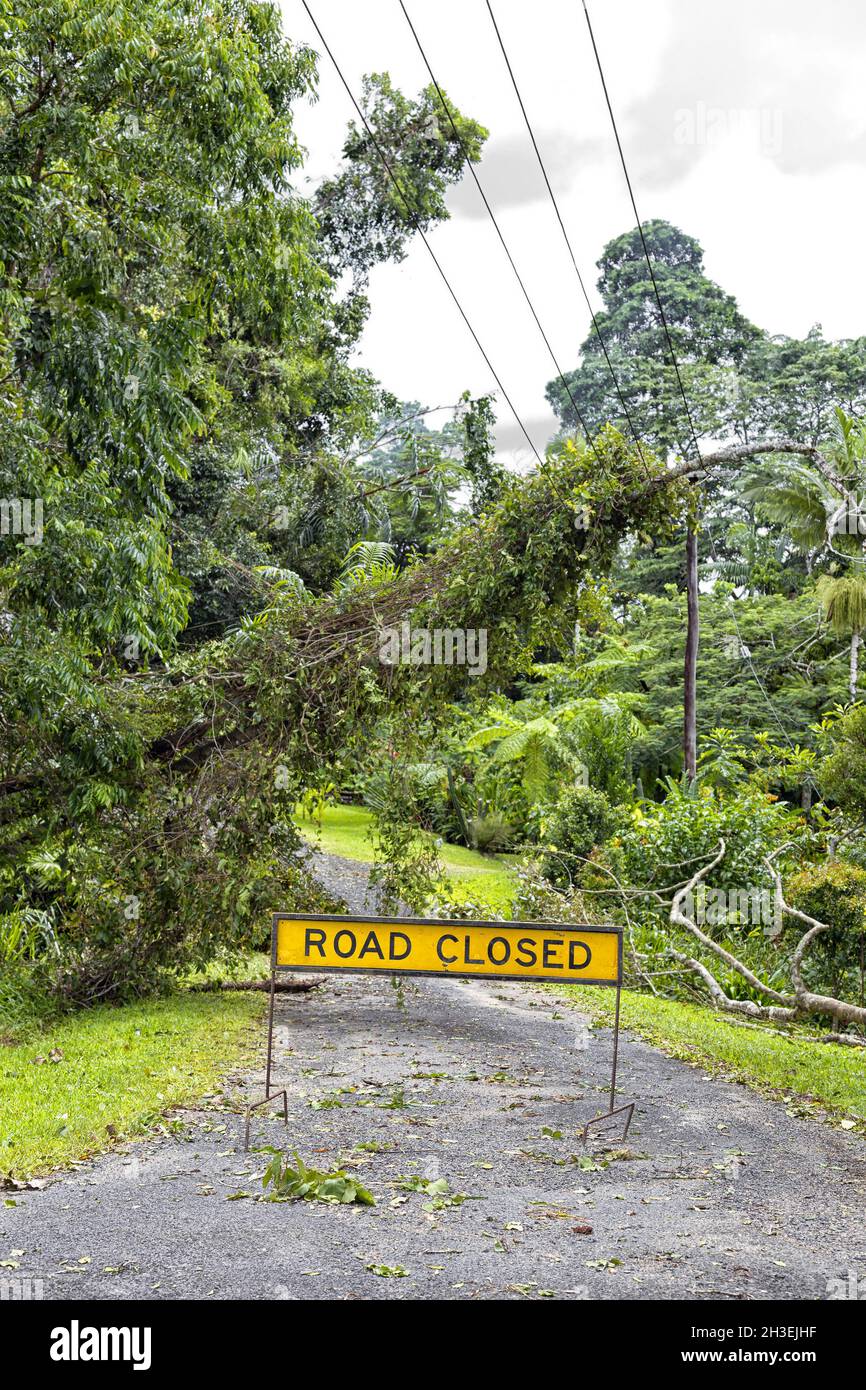 Dangerous Power Lines and Road Closed Sign Stock Photo - Alamy