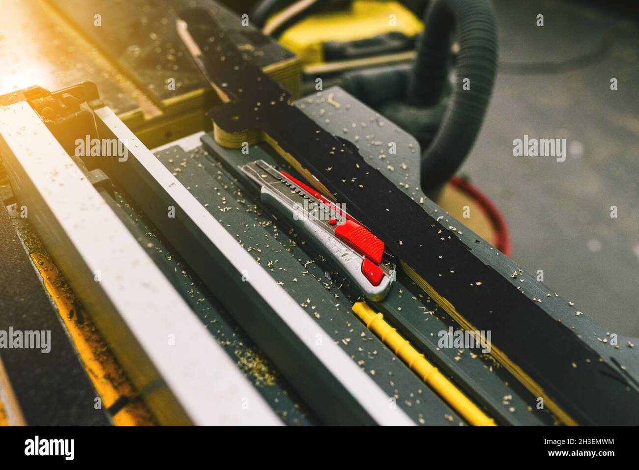Carpentry workshop. Hand tools for work. The construction knife is on ...