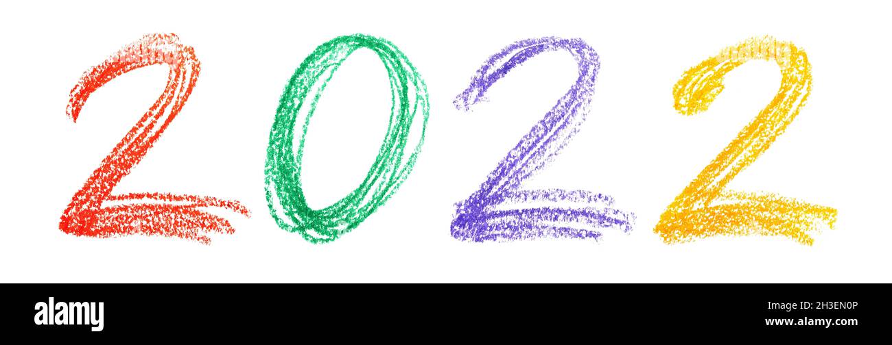 New year 2022 - Cursive colorful numbers by crayon on the white ...