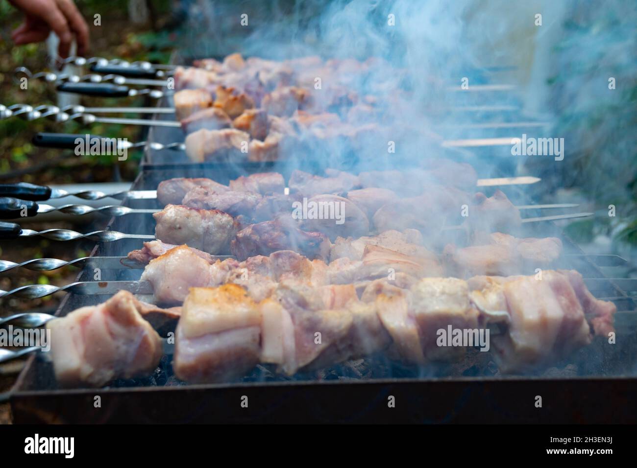 Georgian mtsvadi (Shashlik) preparation. Smoking shashlik on the grill ...