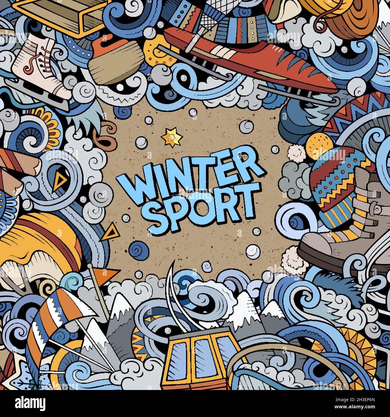 Winter sports hand drawn vector doodles illustration. Ski resort card ...