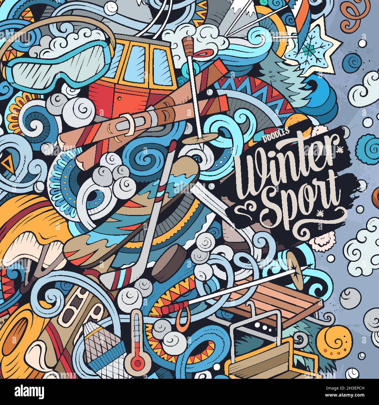 Winter sports hand drawn vector doodles illustration. Ski resort card ...