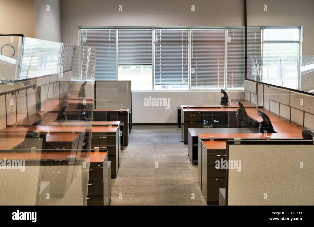 Houston, Texas USA 10-24-2021: Empty office cubicles with clear plastic ...