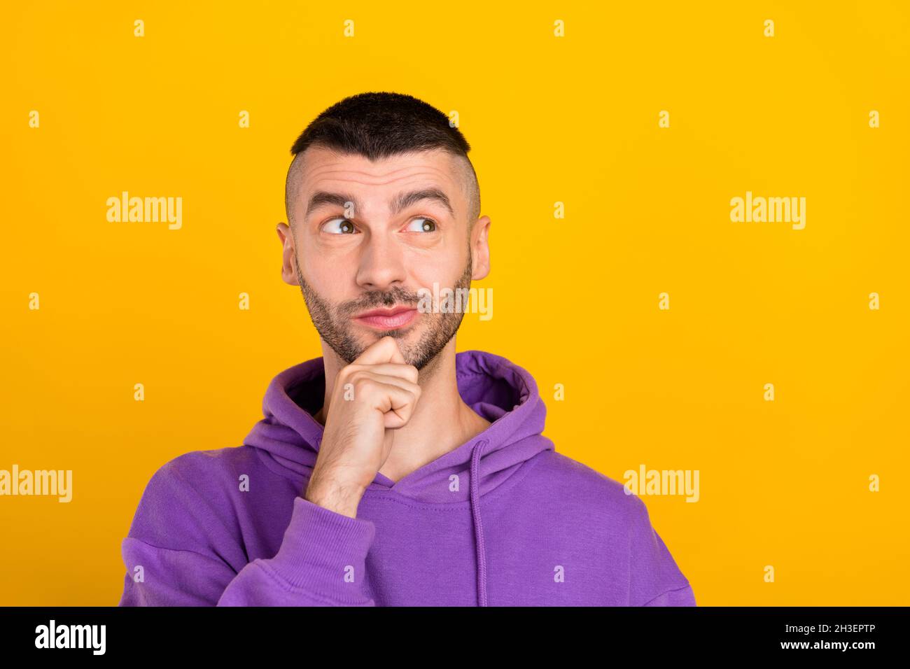 Photo of young happy dreamy positive man look empty space think idea ...