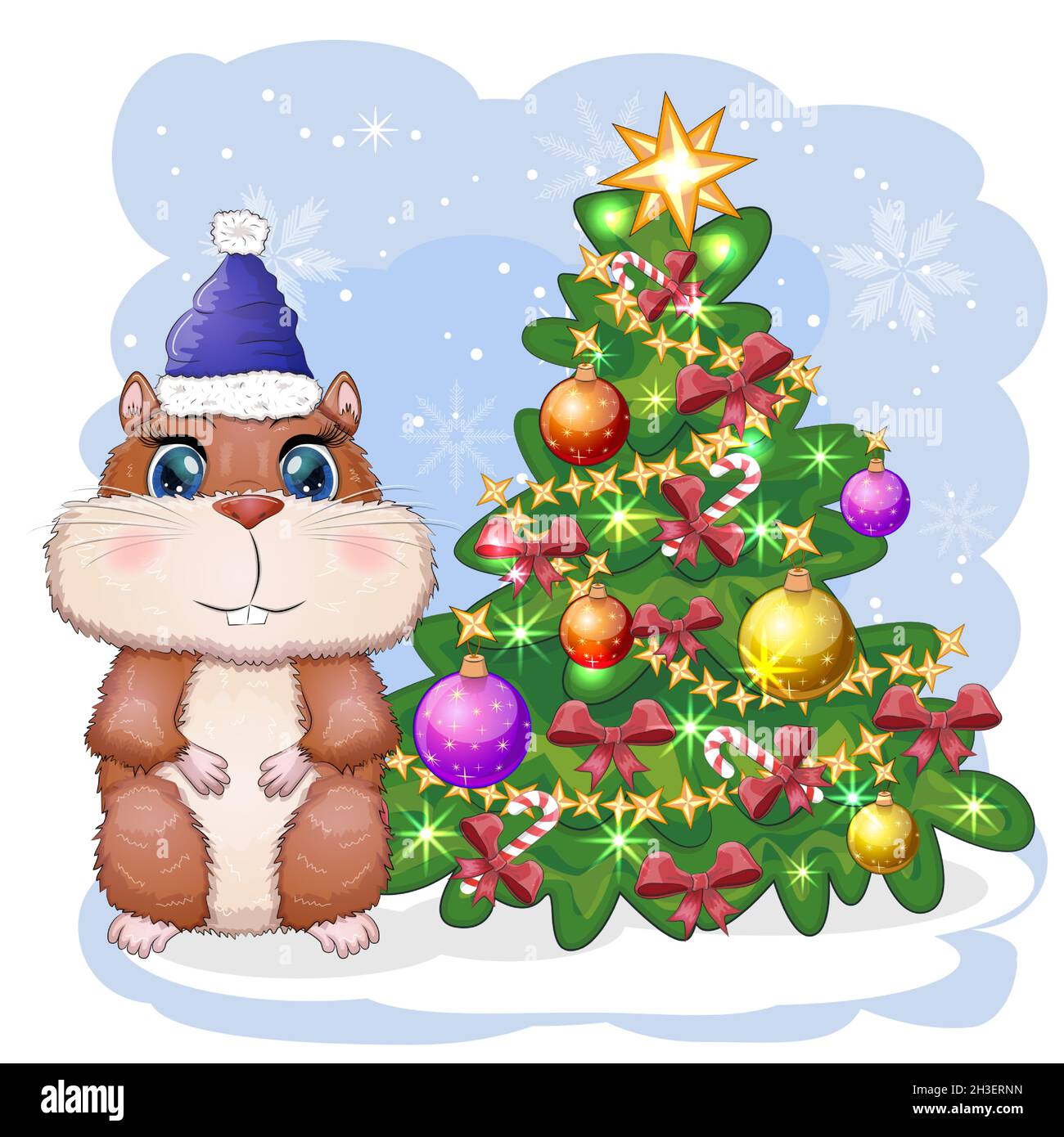 Hamster near the Christmas tree. Greeting Christmas card with funny ...