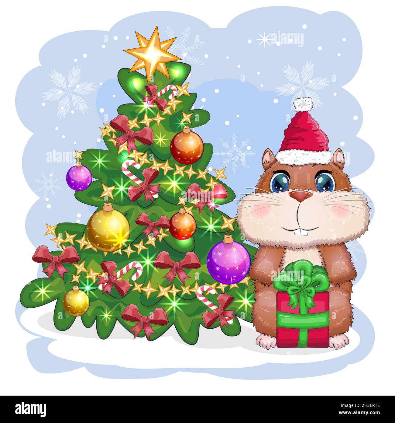 Hamster near the Christmas tree. Greeting Christmas card with funny ...