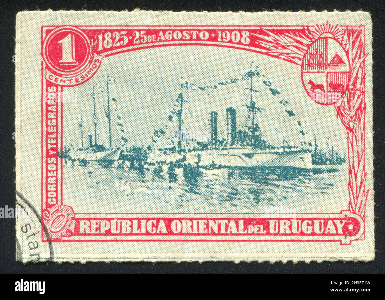URUGUAY - CIRCA 1908: stamp printed by Uruguay, shows Cruiser ...