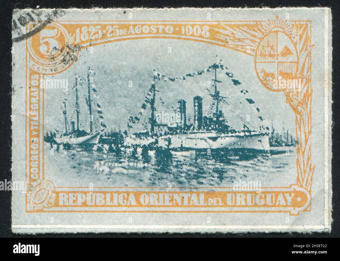 URUGUAY - CIRCA 1908: stamp printed by Uruguay, shows Cruiser ...