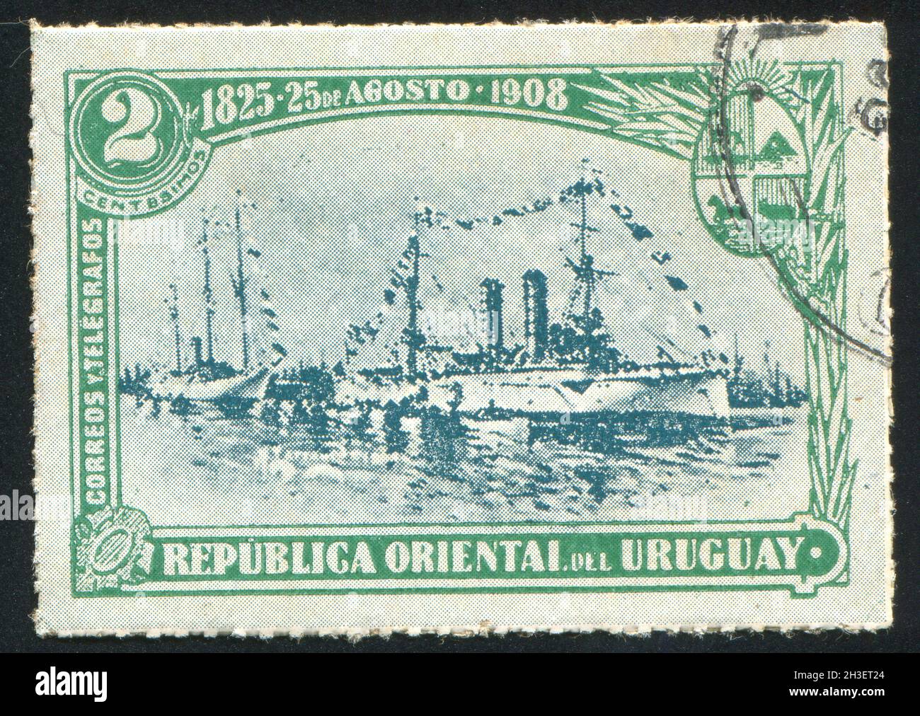 URUGUAY - CIRCA 1908: stamp printed by Uruguay, shows Cruiser ...