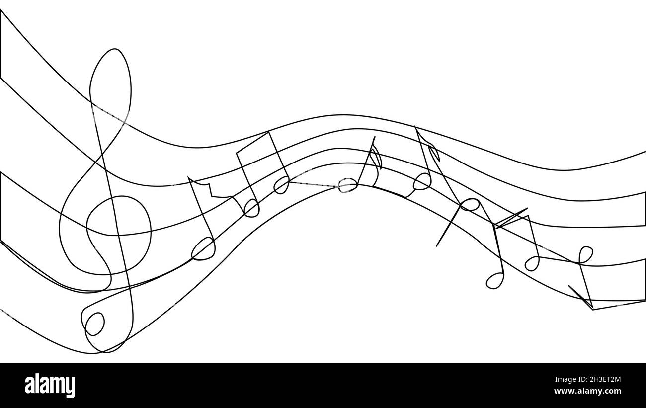 A treble clef and notes are drawn by a single black line on a white ...