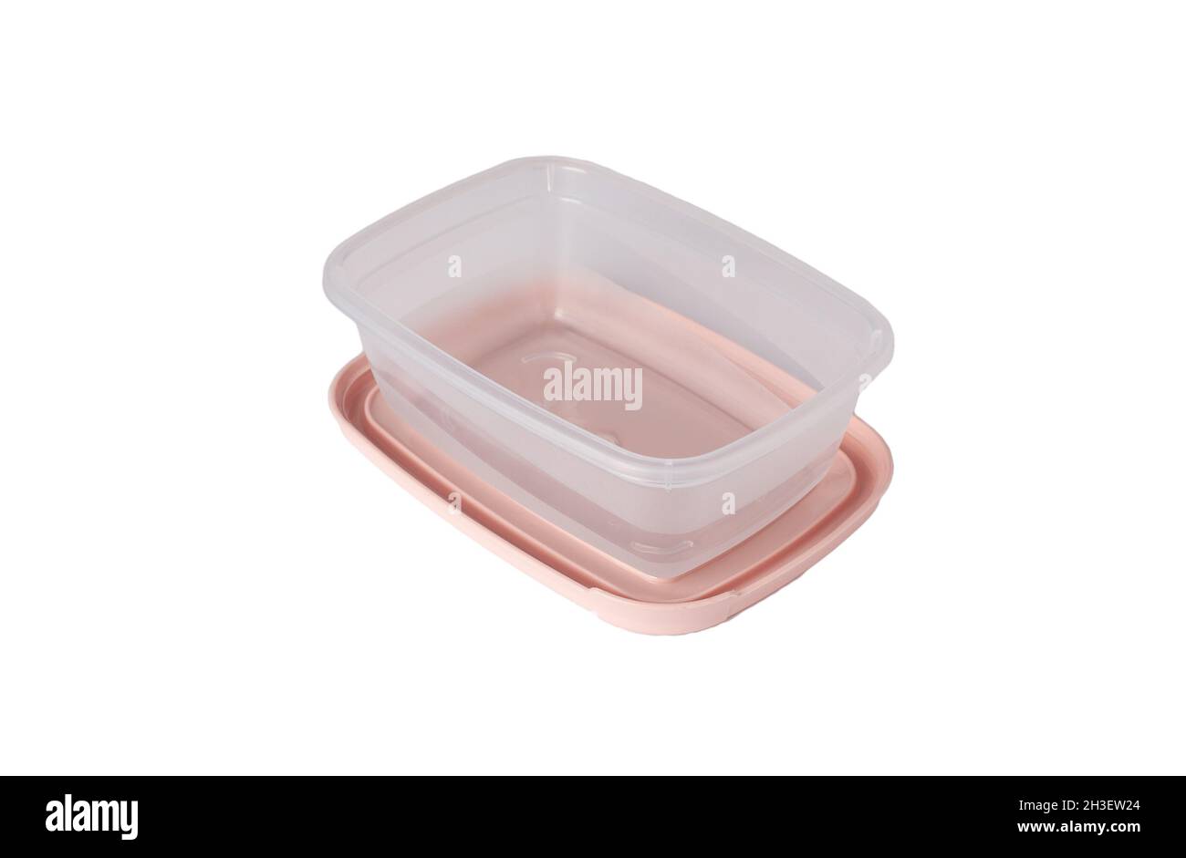 Open plastic food storage container with pink lid isolated on white ...