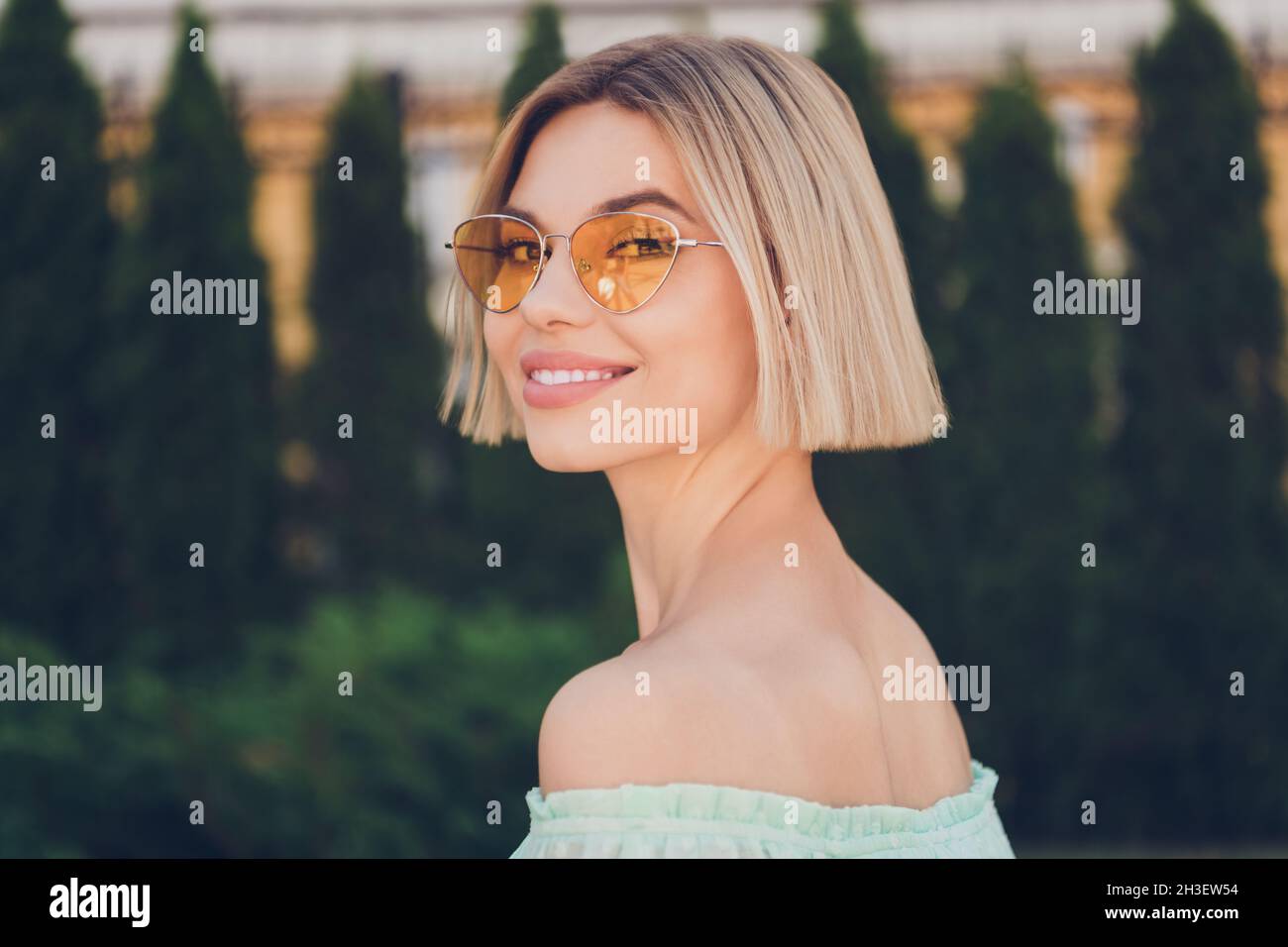 Profile Side Photo Of Young Attractive Girl Happy Positive Smile Wear
