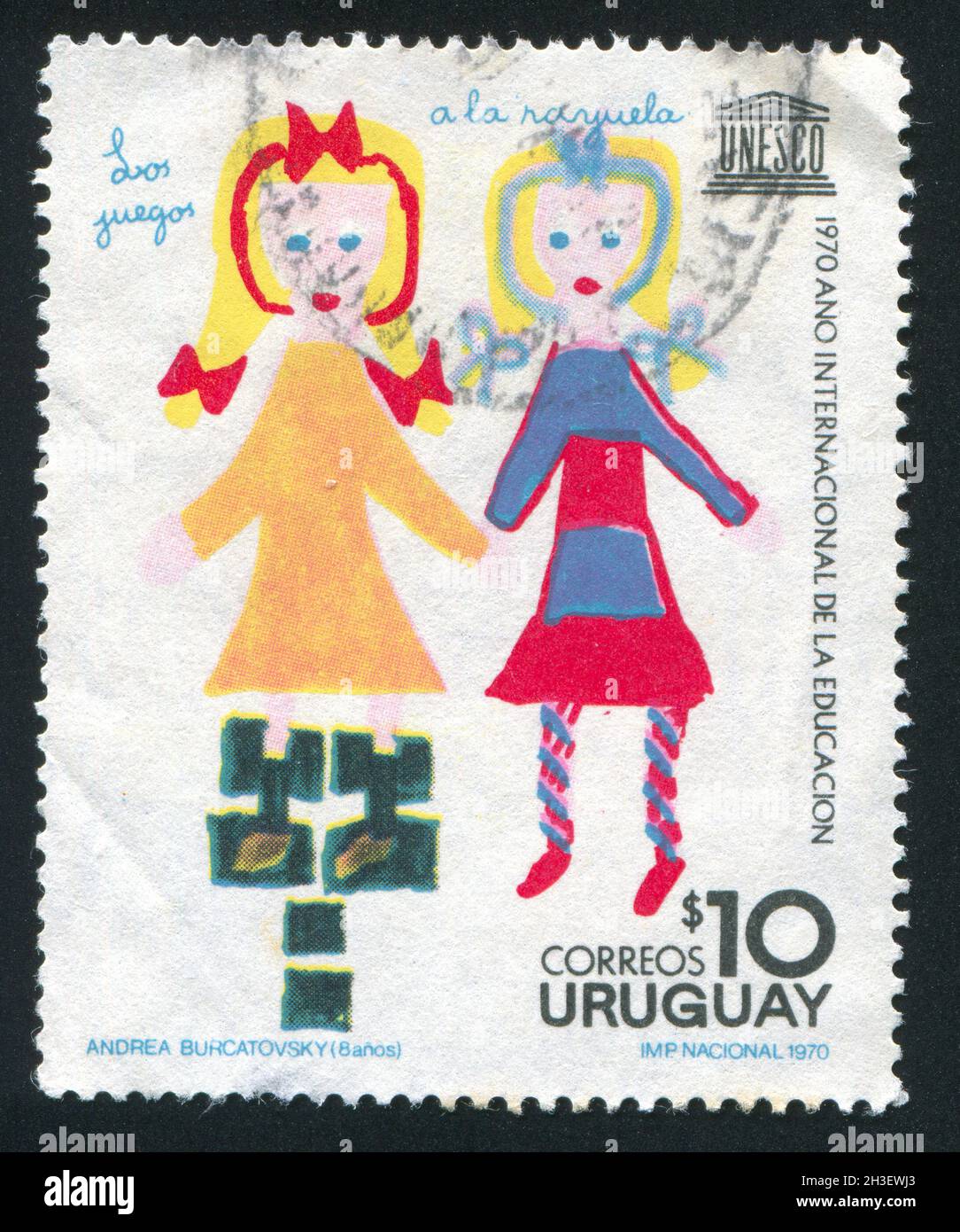 URUGUAY - CIRCA 1970: stamp printed by Uruguay, shows Two Girls Holding Hands and UNESCO Emblem ...