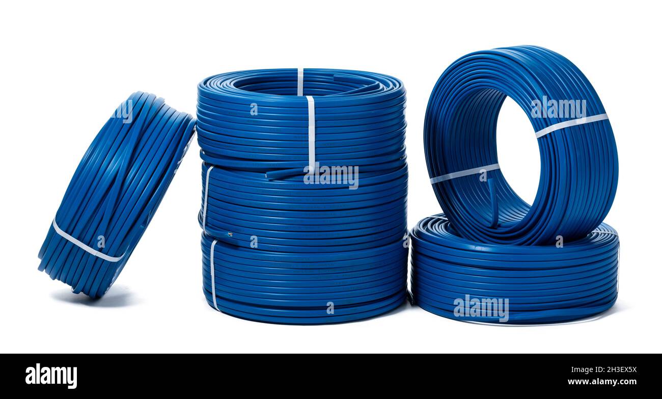 coils of blue cable isolated on white background Stock Photo - Alamy